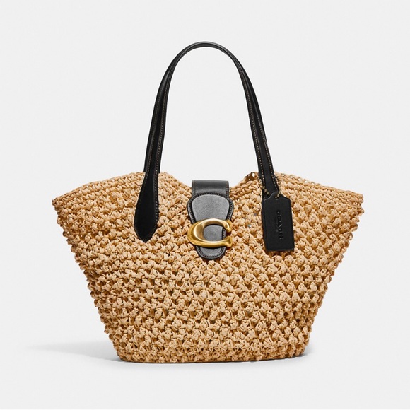Coach | Bags | Coach Woven Straw Tote W Pouch Nwt Black Leather Handles ...